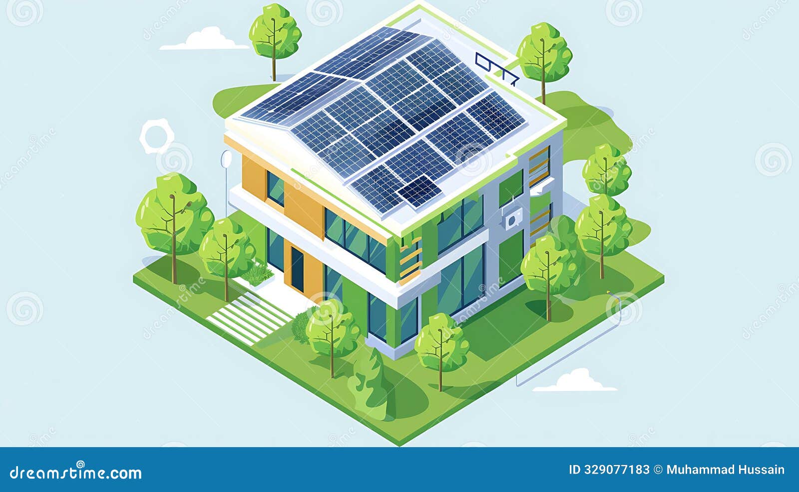 Isometric of a Green Building with Solar Panels and Energy-efficient ...