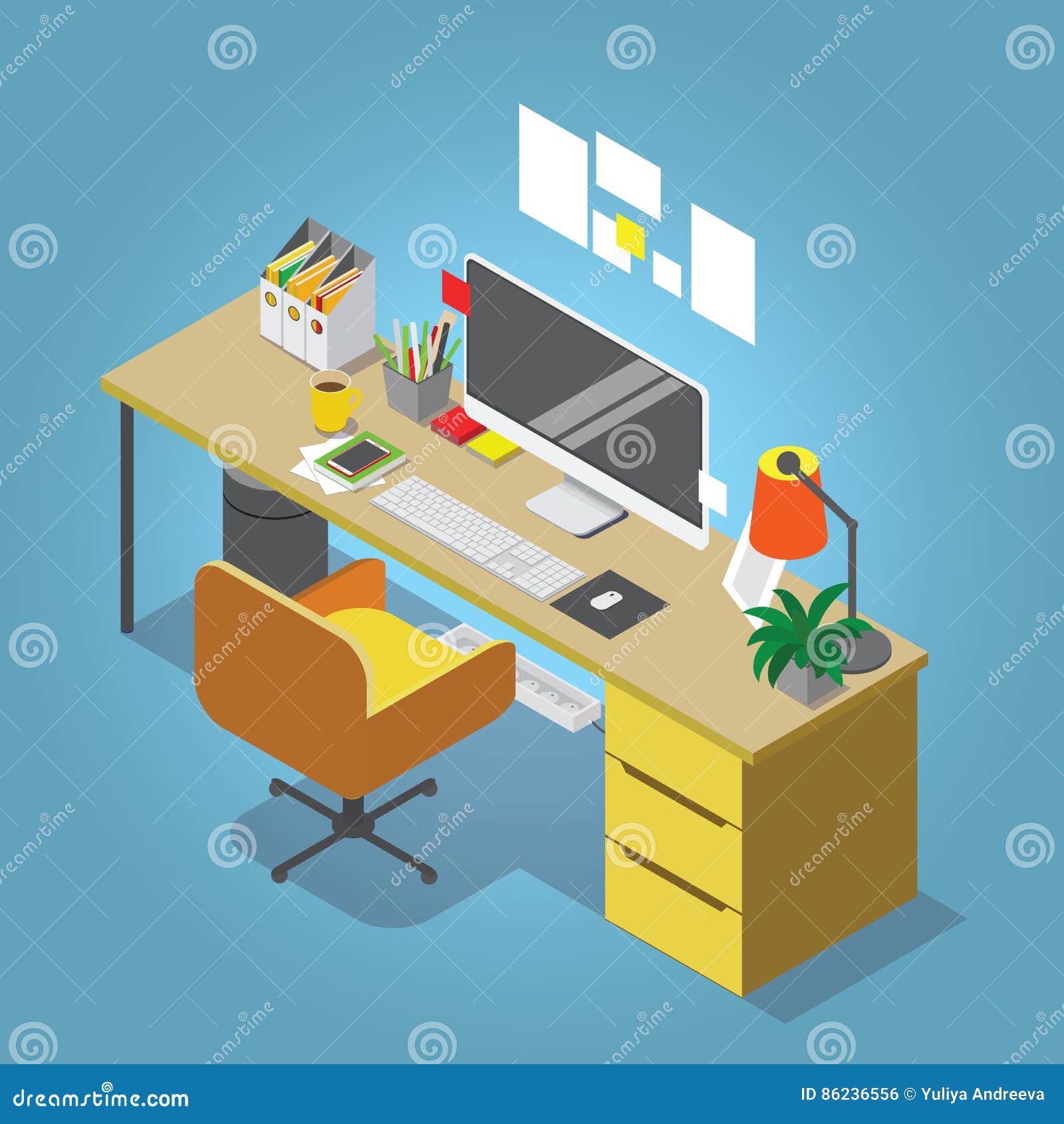 Isometric Vector Home Office Concept Illustration. Workplace Interior ...