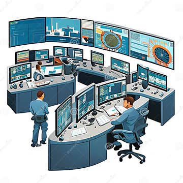Isometric Vector Illustration of a Large Control Room with Computers ...