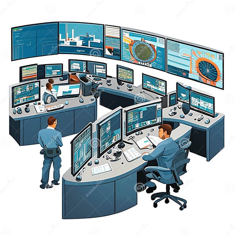 Isometric Vector Illustration of a Large Control Room with Computers ...
