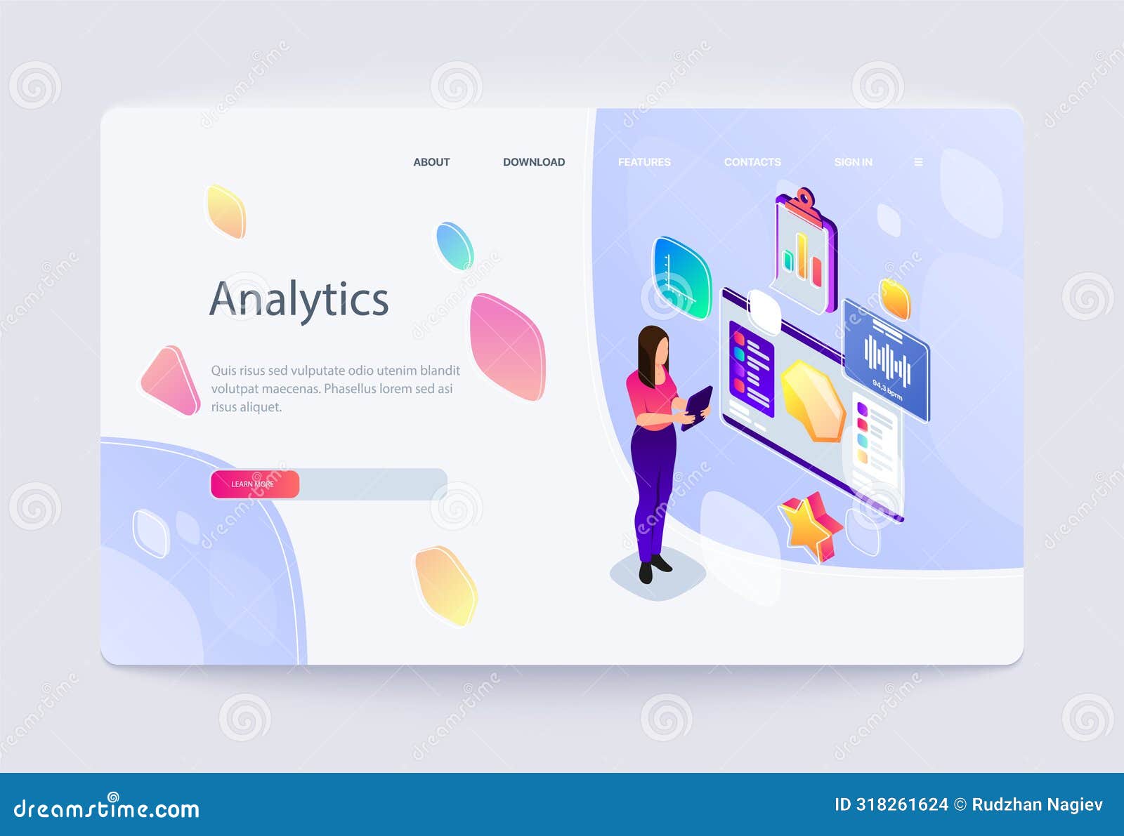 Isometric Vector Illustration of a Woman with Analytics Graphics on a ...