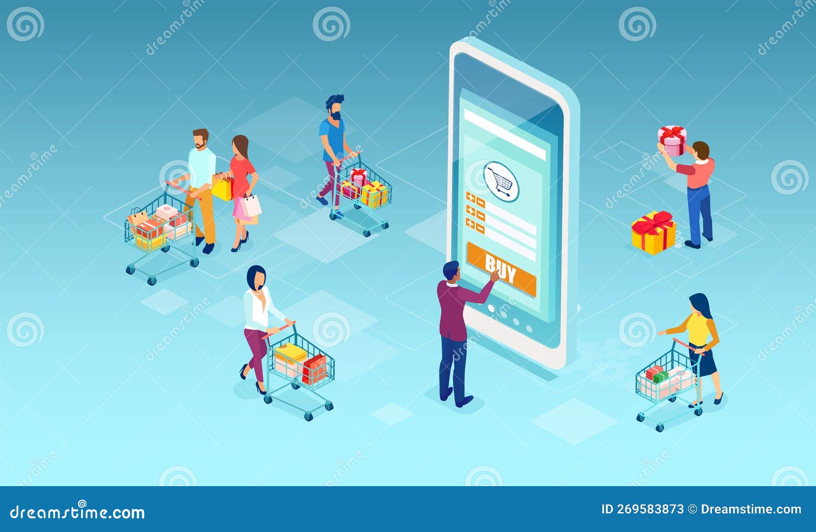 Vector of People Shopping Online Using Mobile App Technology Stock ...