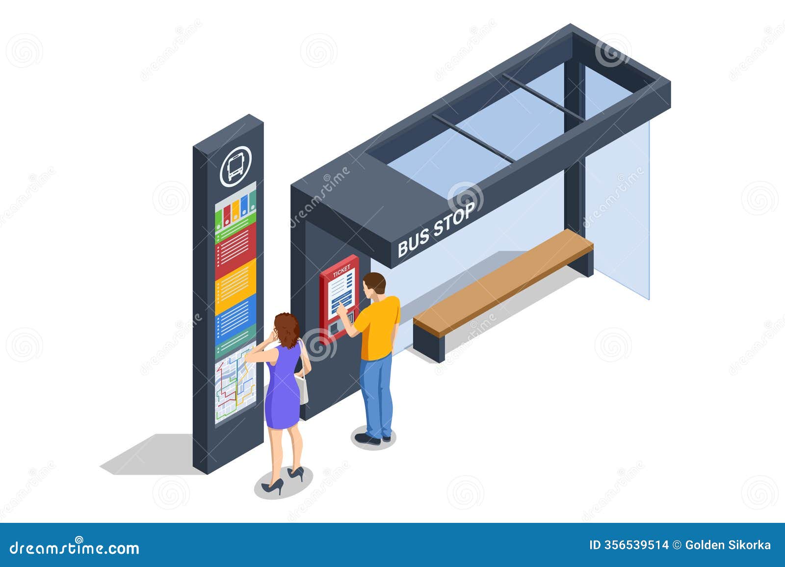 Isometric Vector Showing a High-tech Bus Stop with Interactive Ticket ...