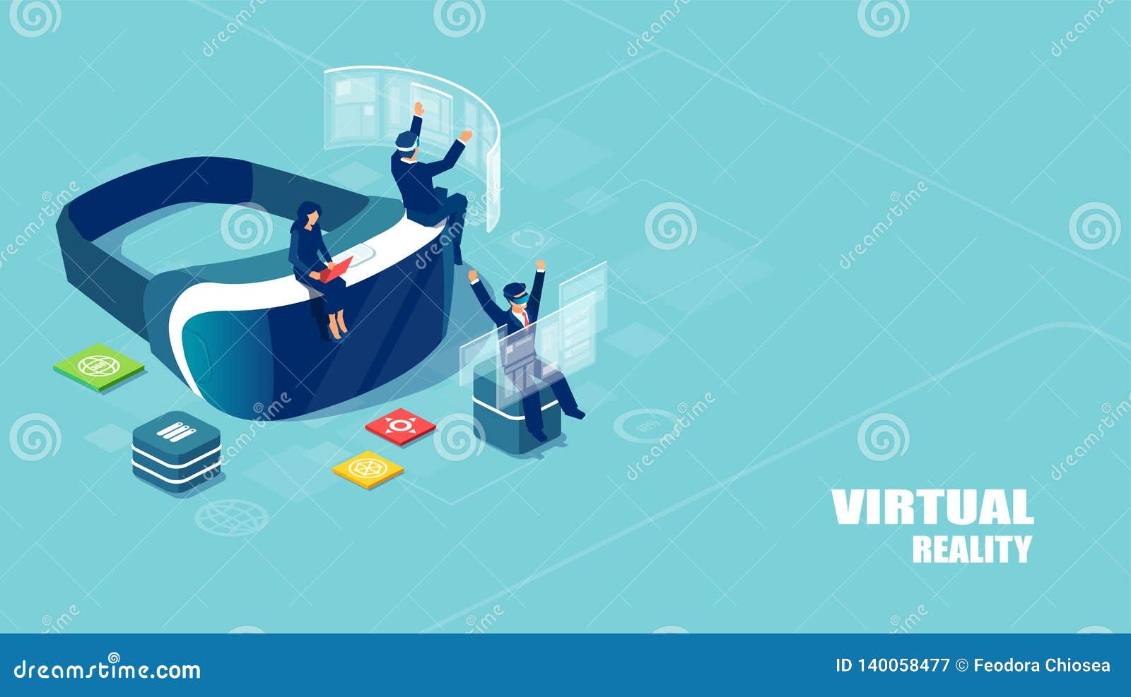 Isometric Vector of Virtual Reality Headset with People Studying and ...