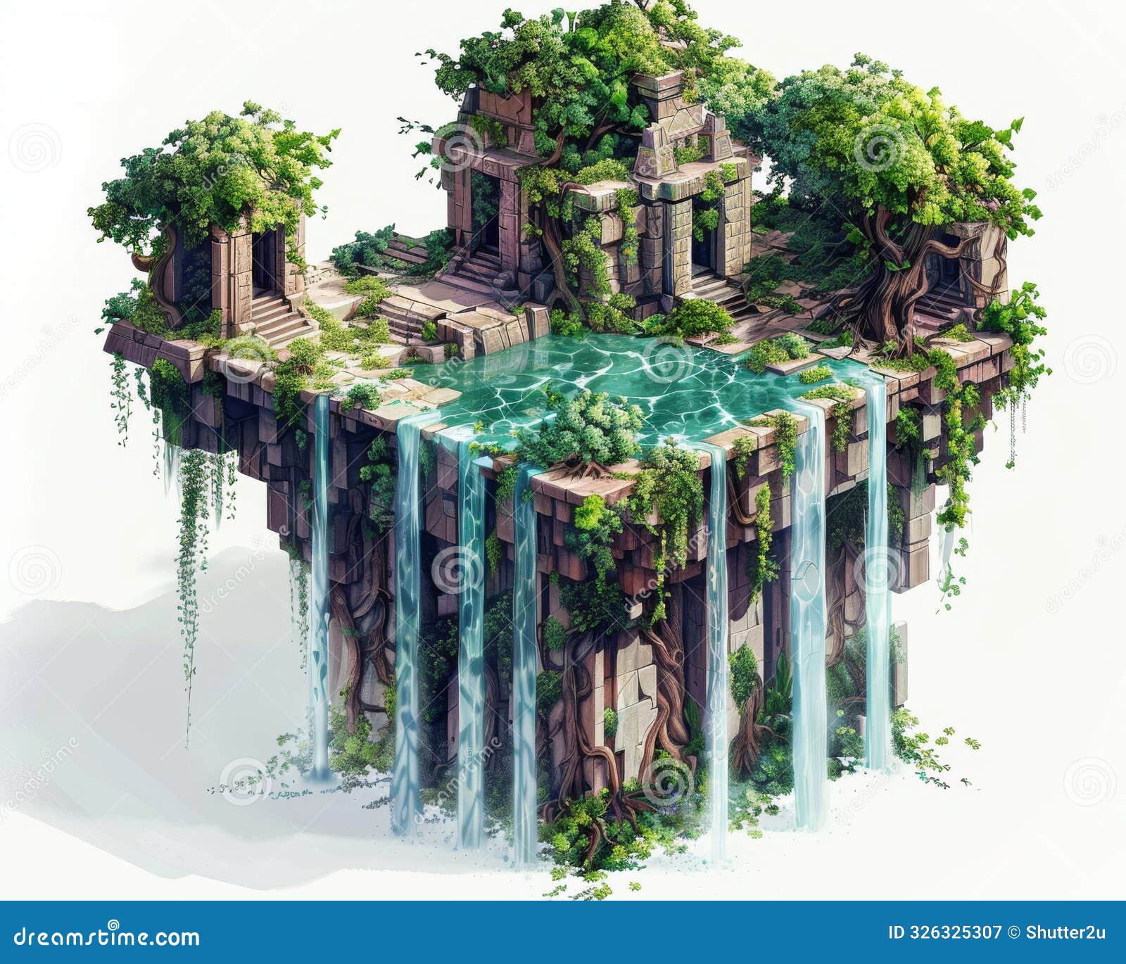 Isometric View of an Ancient Floating Island with Waterfalls and ...