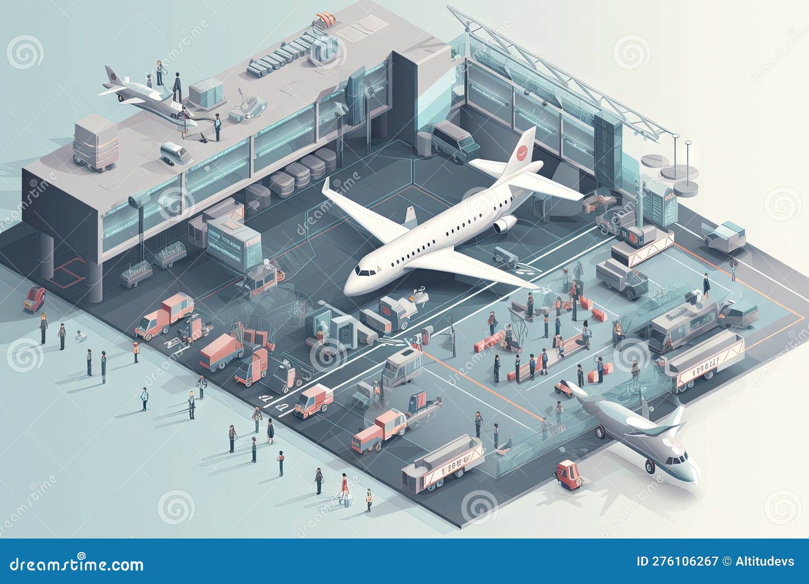Isometric View of Bustling Airport, with Planes and People in Motion Stock Illustration ...