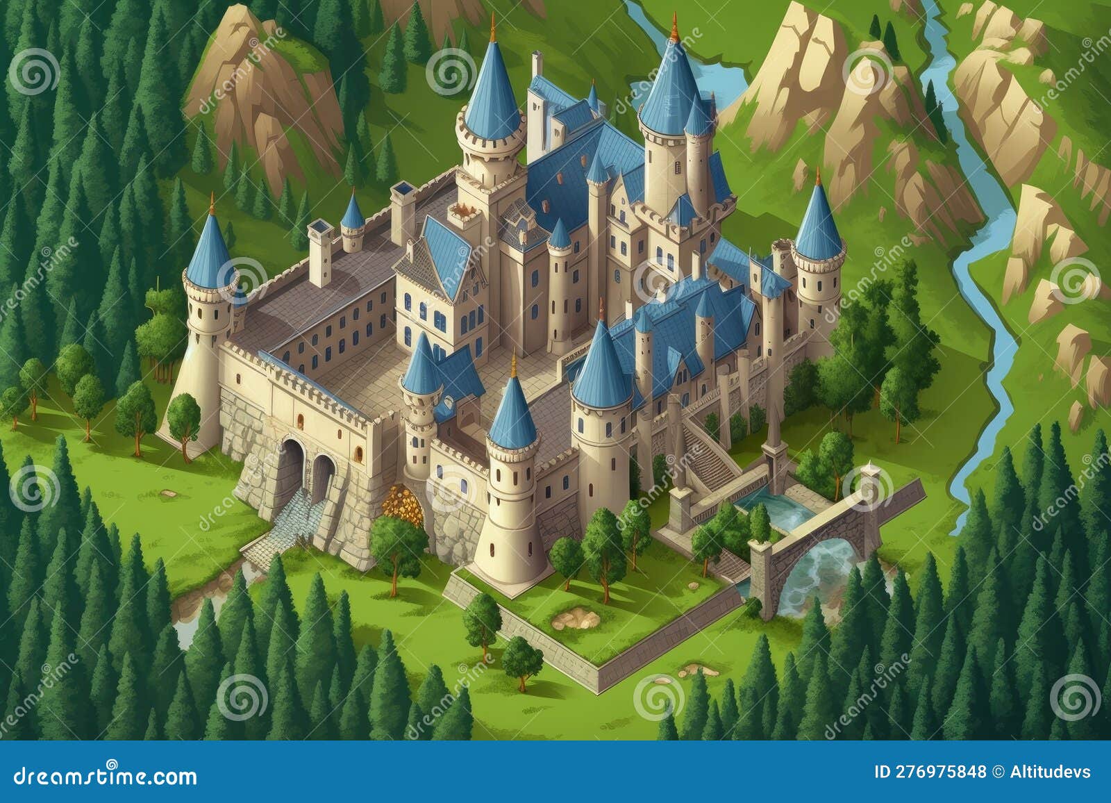 Isometric View of Castle, Surrounded by Lush Greenery and Towering ...