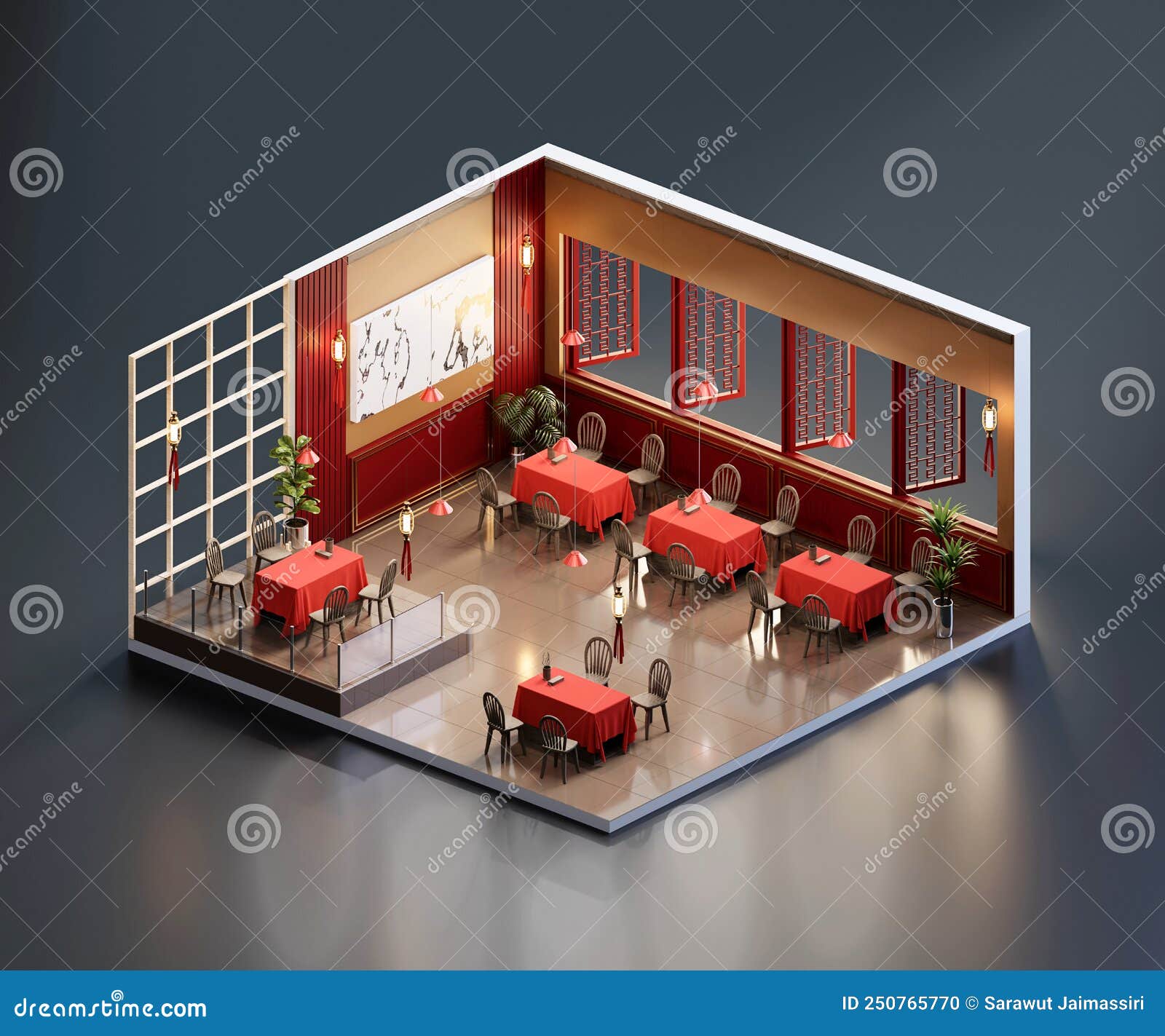 Isometric View Chinese Restaurant Open Inside Interior Architecture, 3d ...