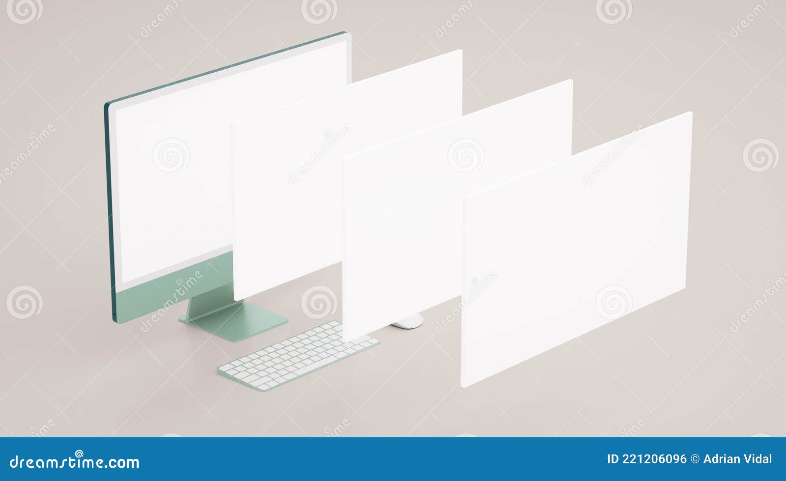 Isometric View of Colored Desk Computer Mockup with Blank Screen Some ...