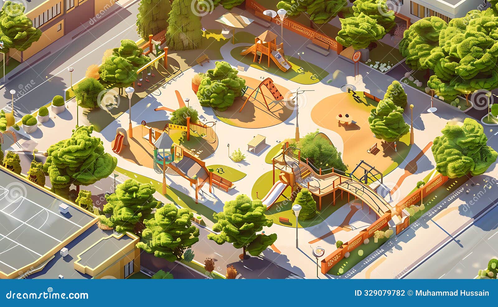 Isometric View of a Community Park with Playground, Picnic Areas, and ...