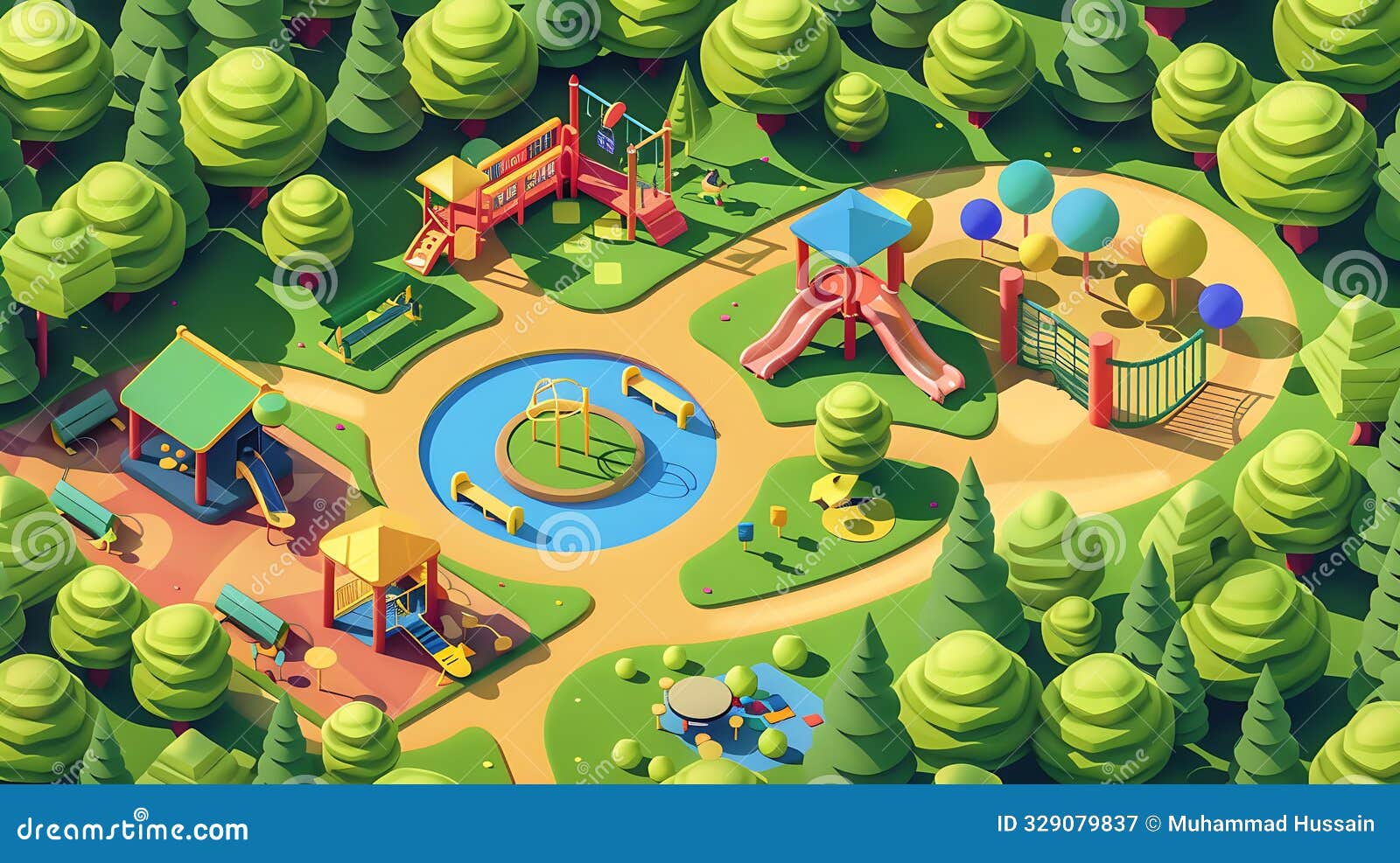 Isometric View of a Community Park with Playground, Picnic Areas, and ...