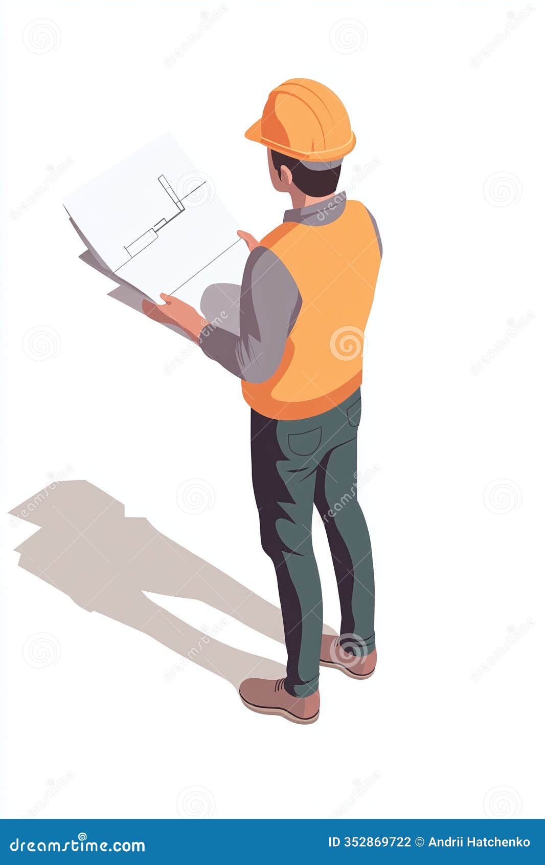 Isometric View of a Construction Worker with a Helmet Holding a ...