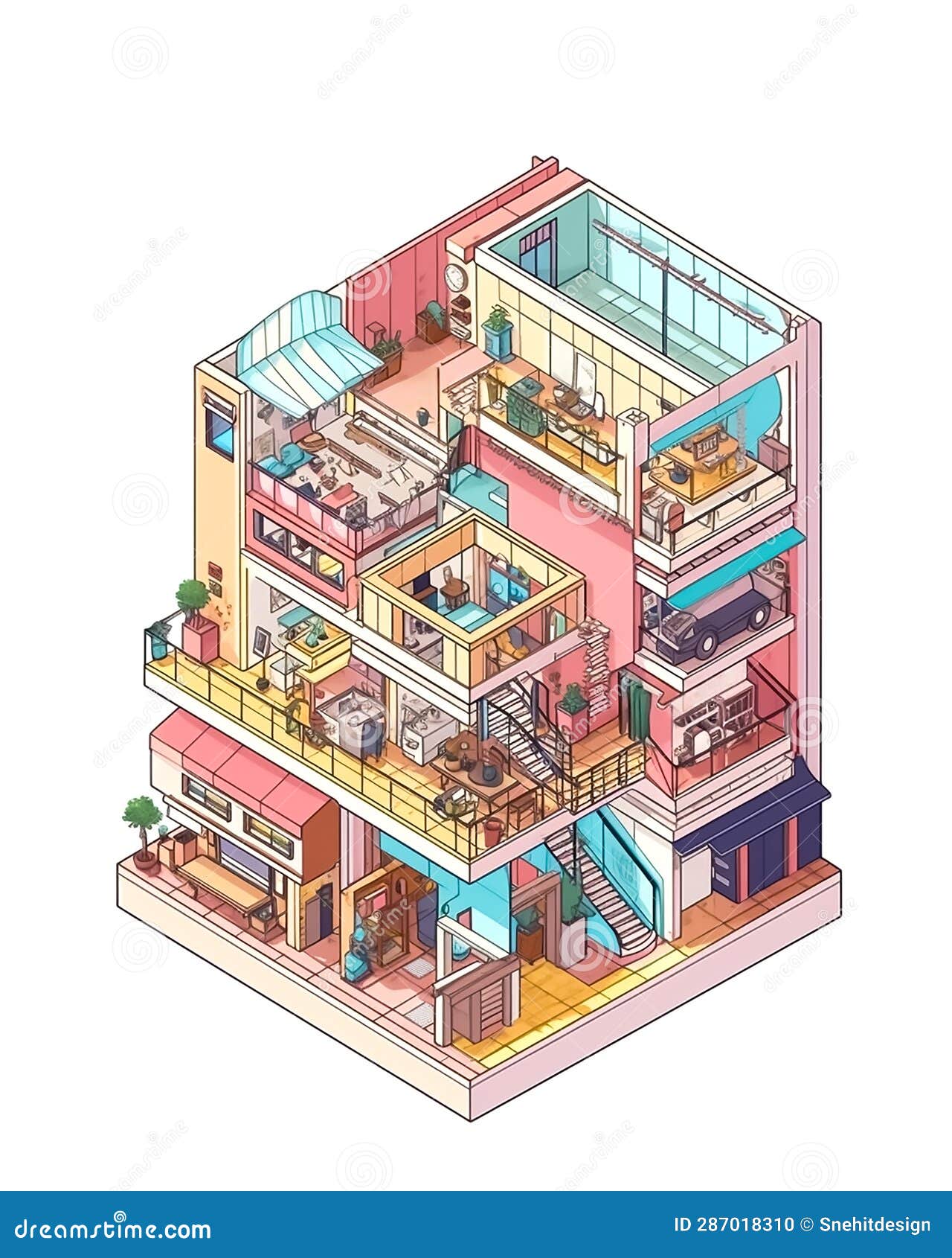 Isometric View of Cut Section of Colorful Three Floor Building Stock ...