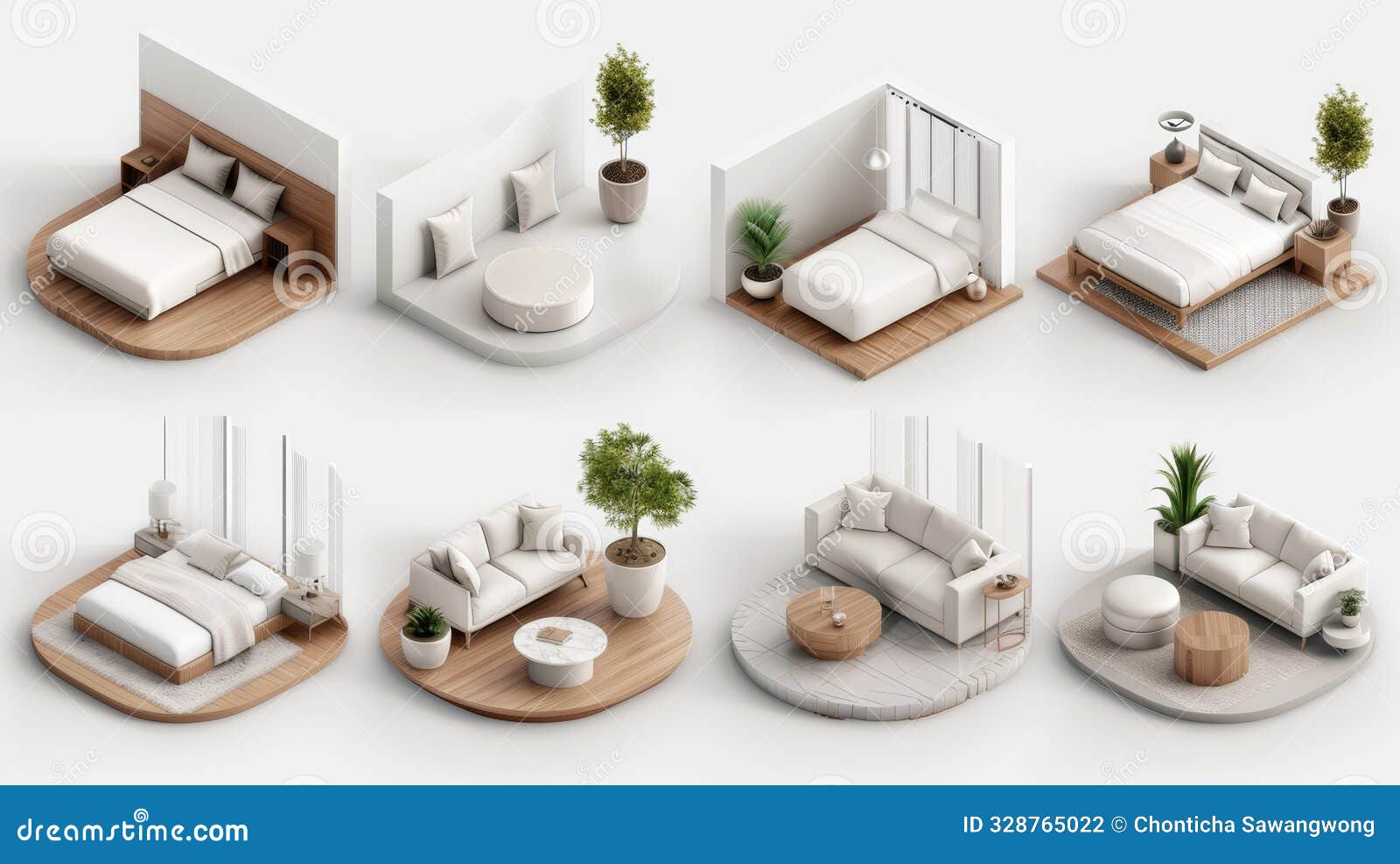 Isometric View of Eight Different Minimalist Interior Design Concepts ...