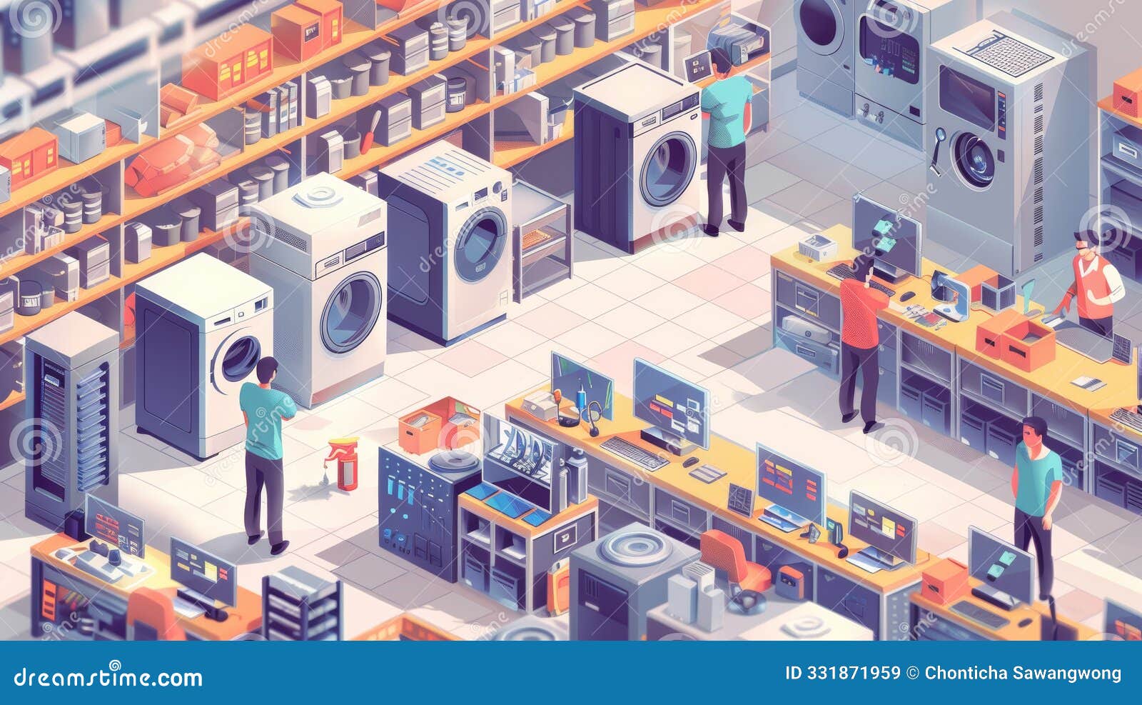 Isometric View of an Electronics Store with Customers Browsing ...