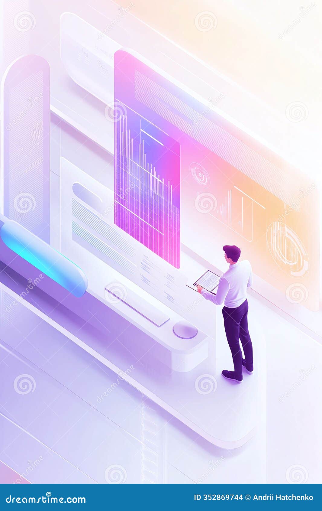 Isometric View of a Financial Analyst Studying Data Charts on a Screen ...