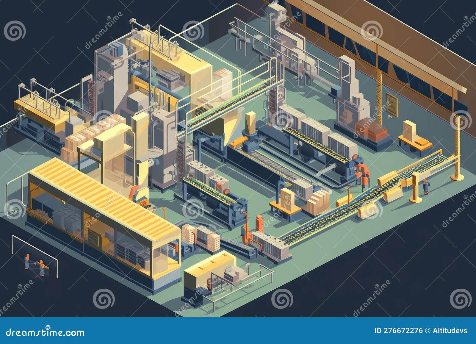 Isometric View of the Inside of a Factory, with Rows of Machines and ...