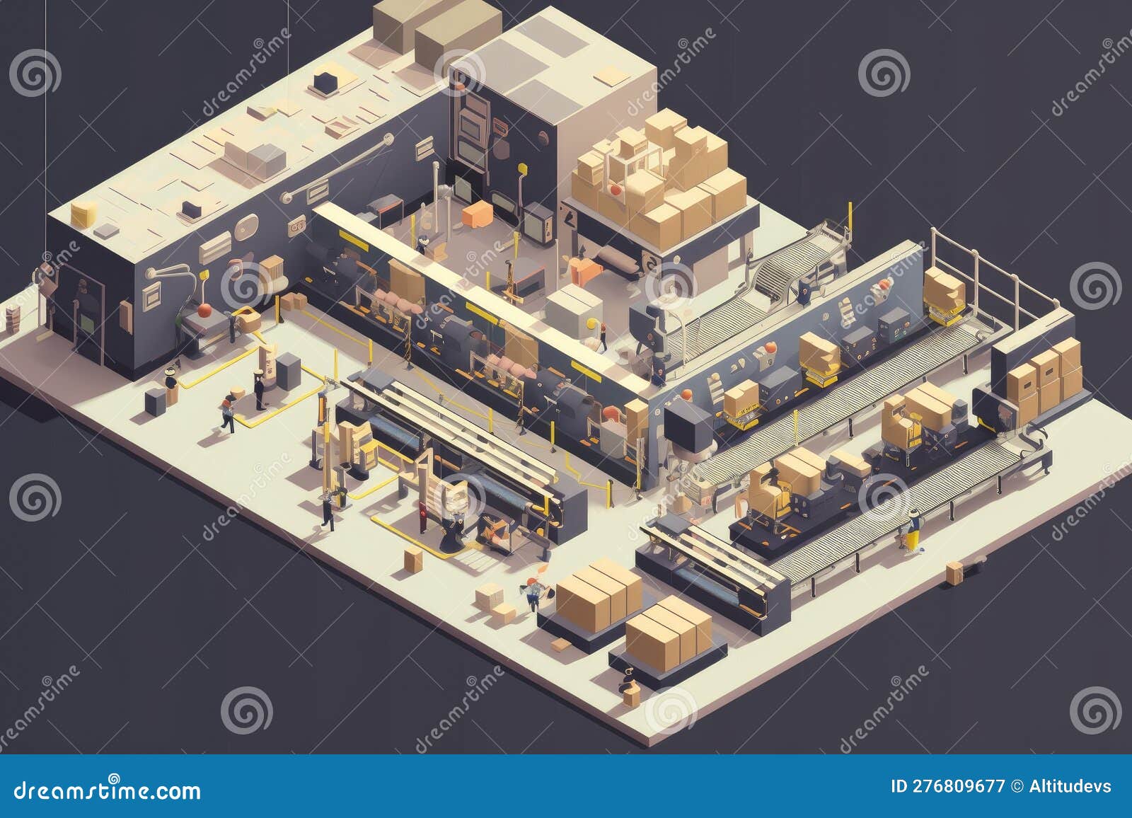 Isometric View of the Inside of a Factory, with Rows of Machines and ...