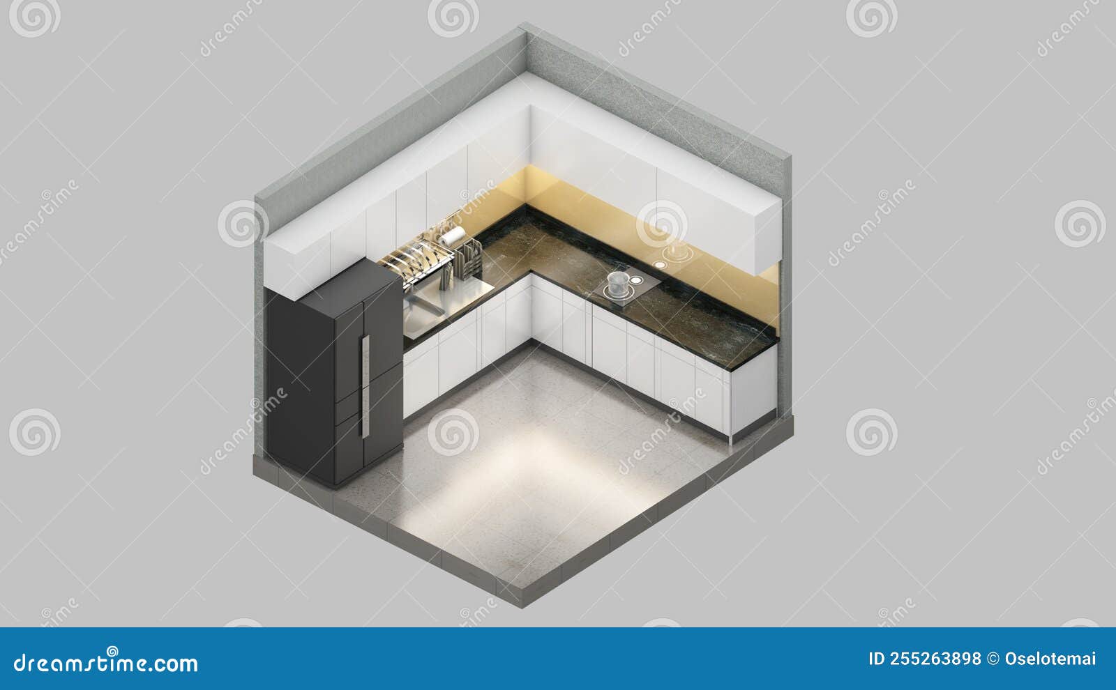 Isometric View of a Kitchen,residential Area, 3d Rendering Stock ...
