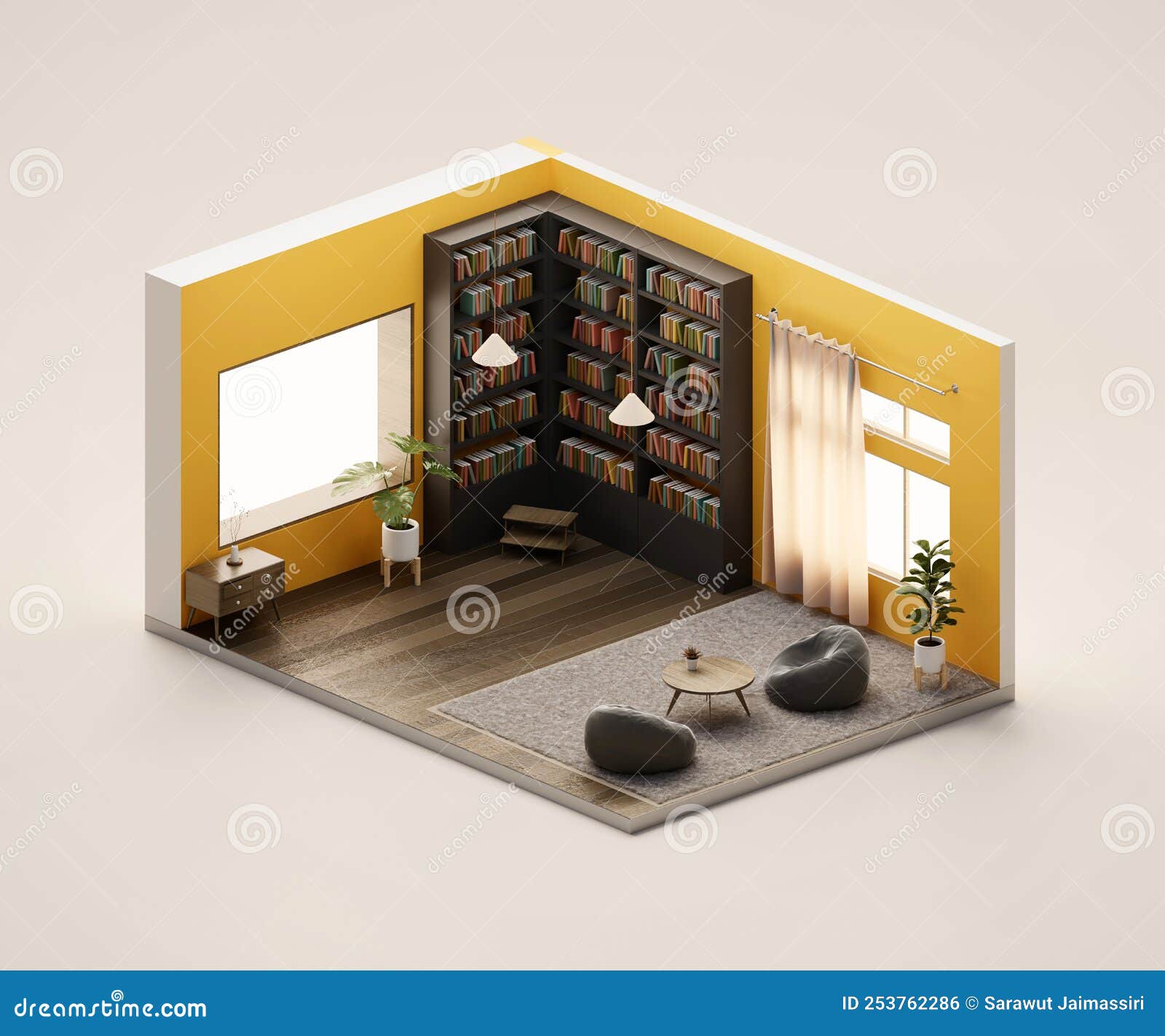 Isometric View Library Living Room Open Inside Interior Architecture ...