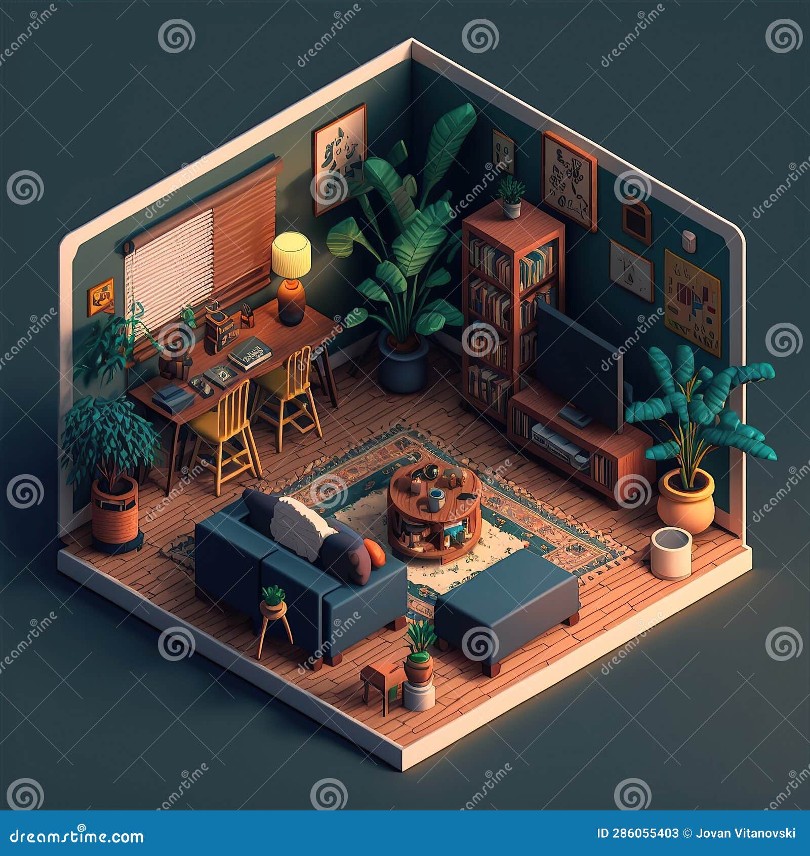 Isometric View of a Living Room Stock Illustration - Illustration of ...