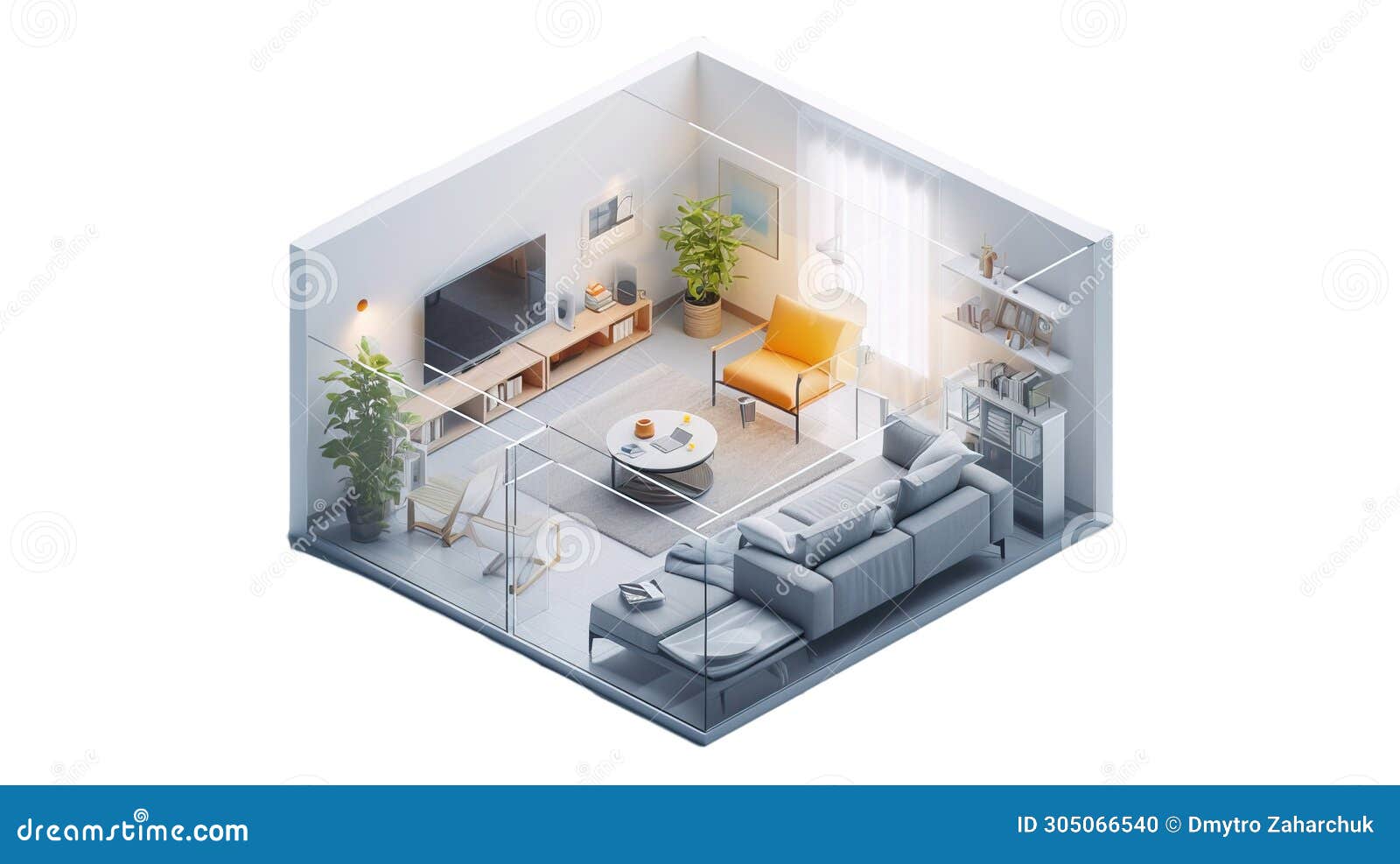 Isometric View of a Living Room Interior, Emphasizing Transparency To ...
