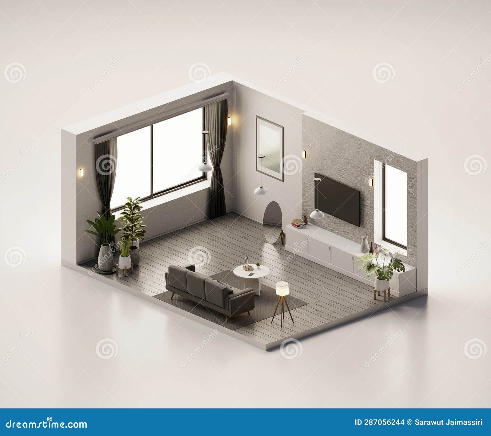 Isometric View Living Room Minimal Style Open Inside Interior ...
