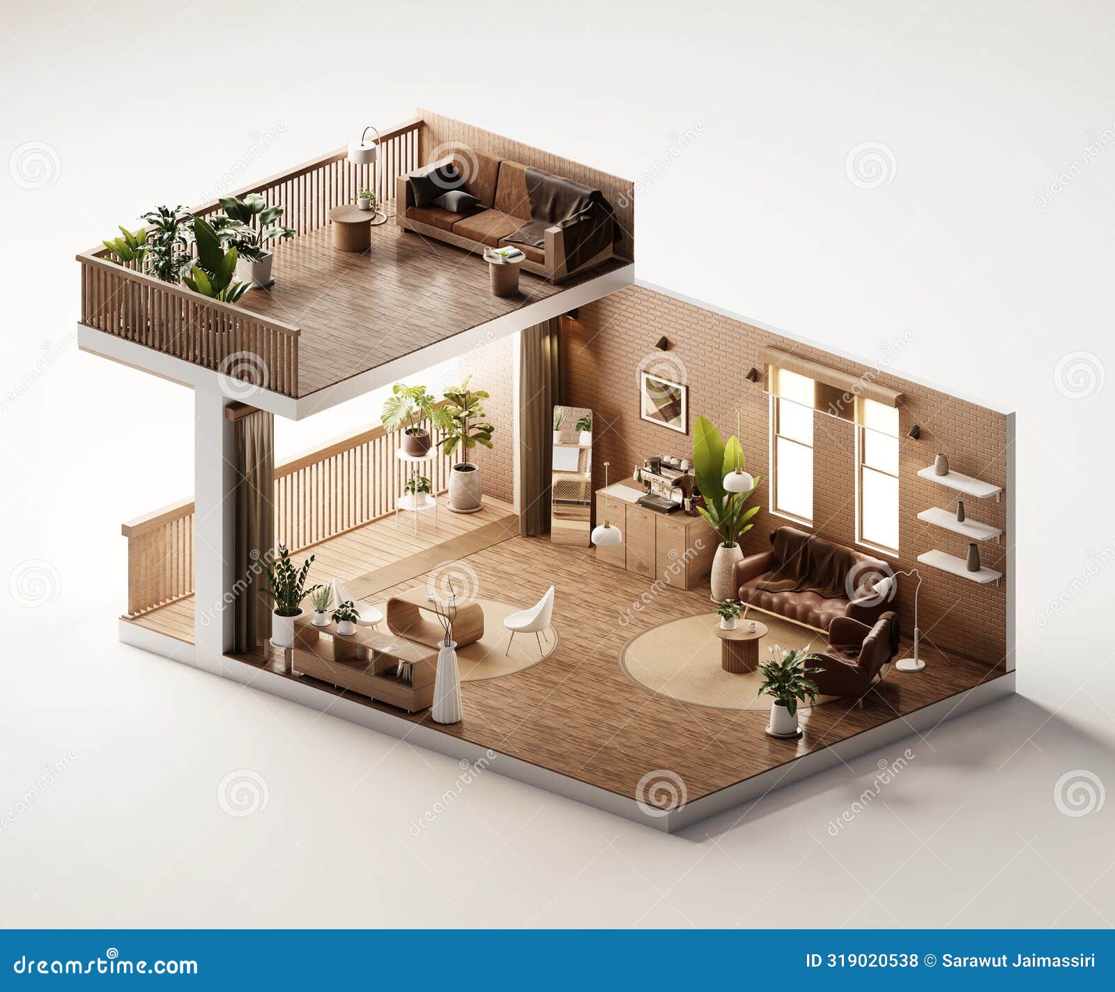 Isometric View Living Room Muji Style Open Inside Interior Architecture ...