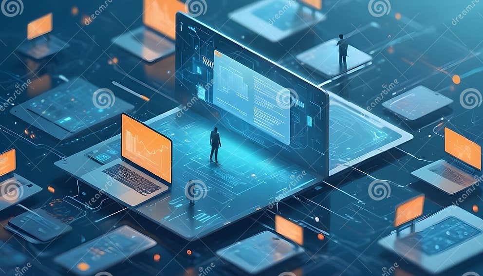Isometric View of Miniature Businesspeople Interacting with a Network ...