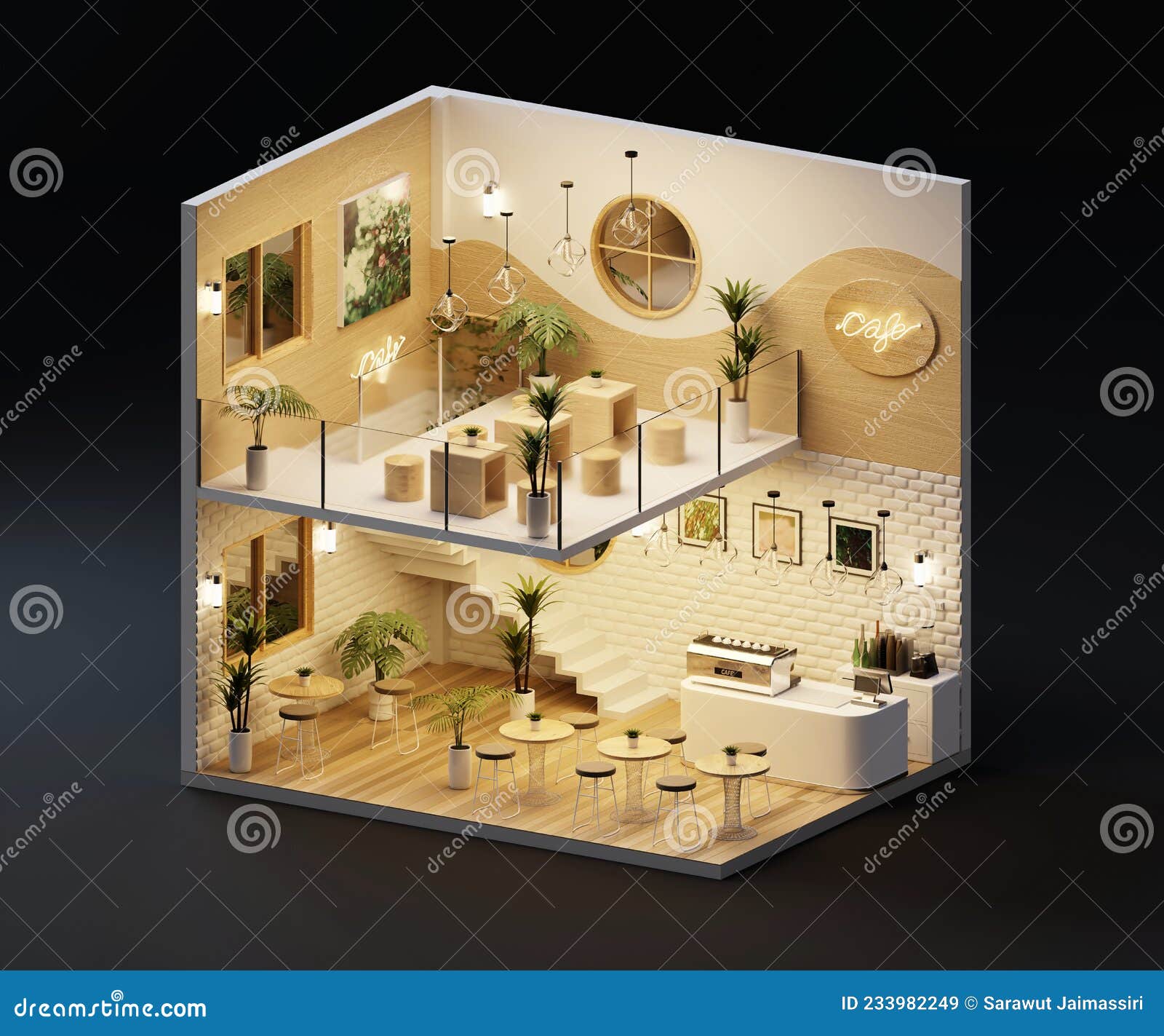 Isometric View Minimal Cafe Store Open Inside Interior Architecture, 3d ...