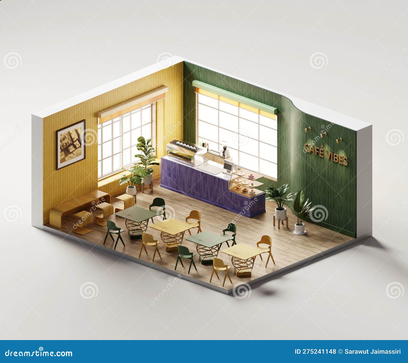 Isometric View Minimal Cafe Store Open Inside Interior Architecture, 3d ...