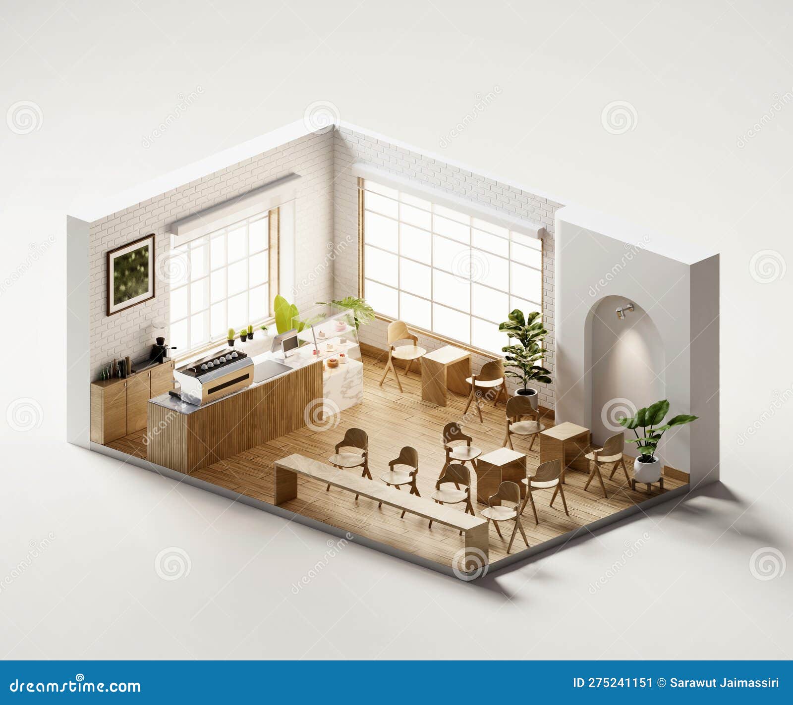 Isometric View Minimal Cafe Store Open Inside Interior Architecture, 3d ...