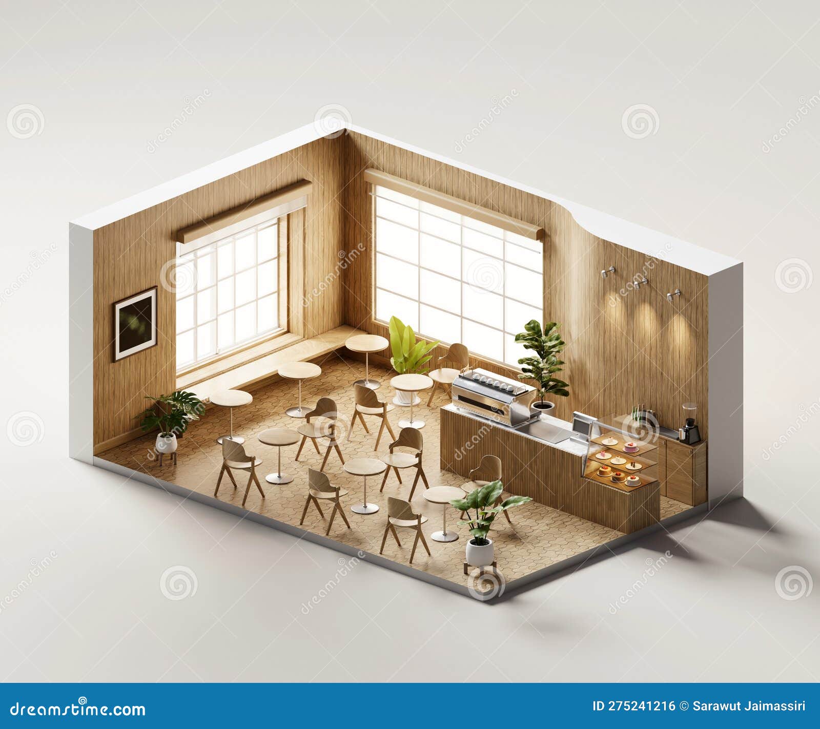 Isometric View Minimal Cafe Store Open Inside Interior Architecture, 3d ...
