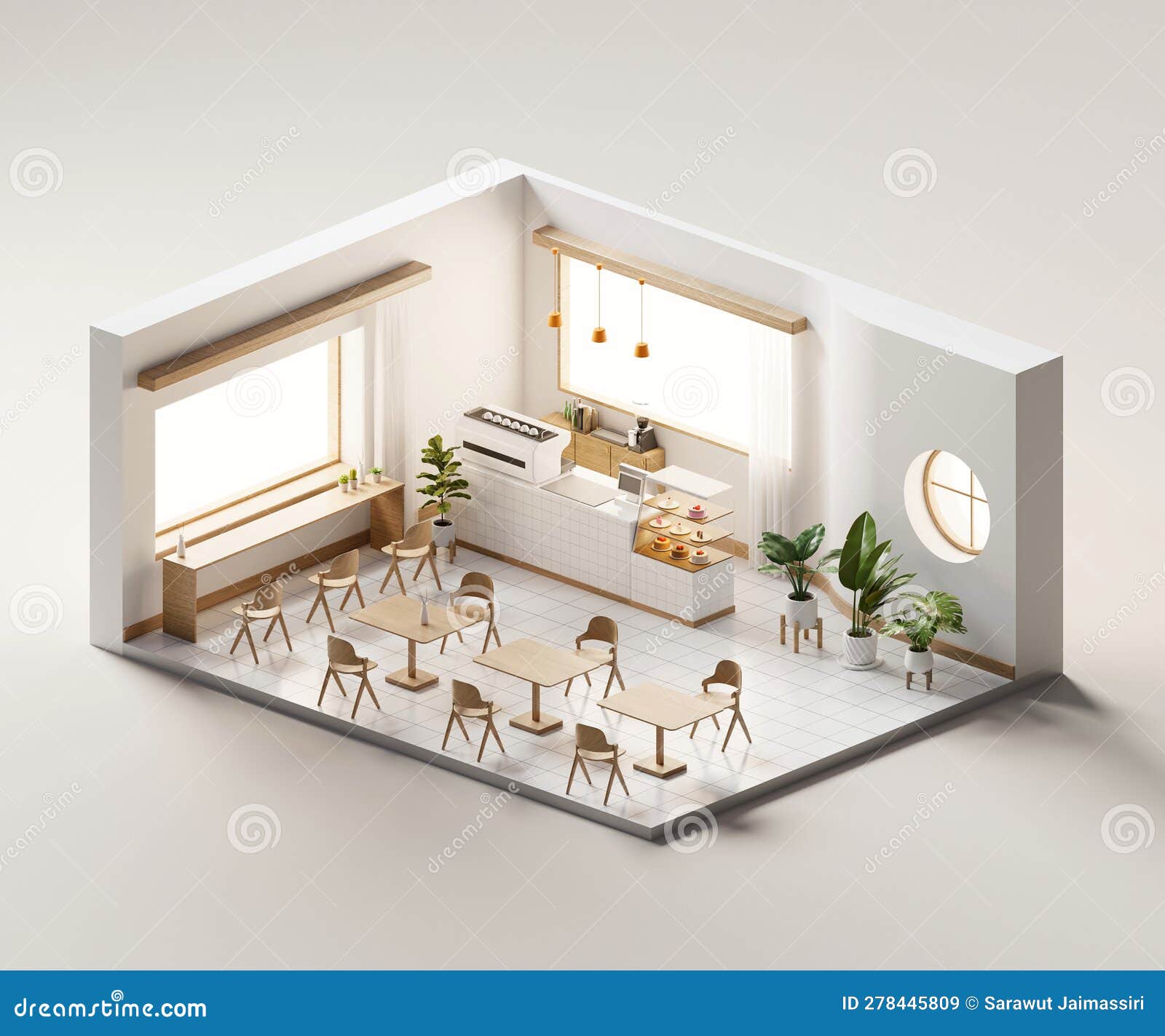 Isometric View Minimal Cafe Store Open Inside Interior Architecture, 3d Rendering Digital Art ...