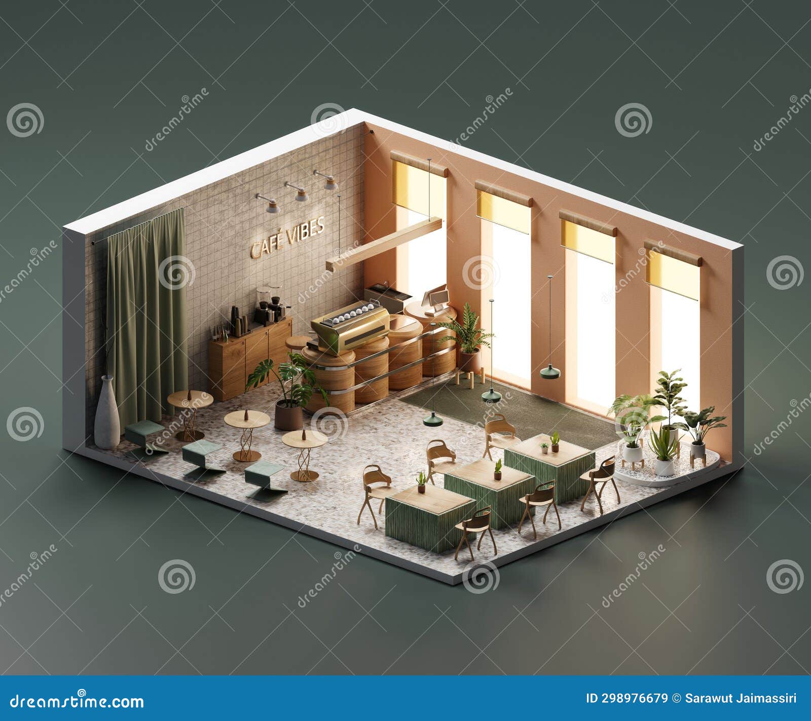Isometric View Minimal Cafe Store Open Inside Interior Architecture, 3d ...