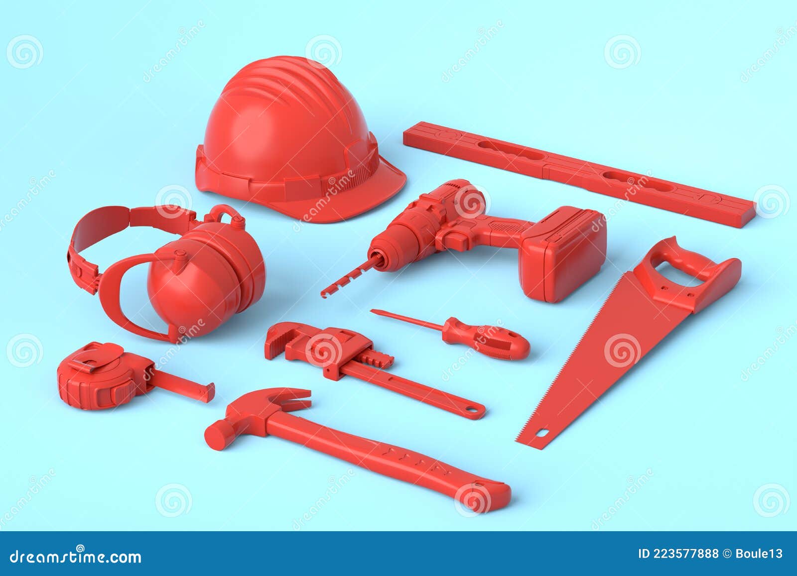 Isometric View of Monochrome Construction Tools for Repair on Blue and ...