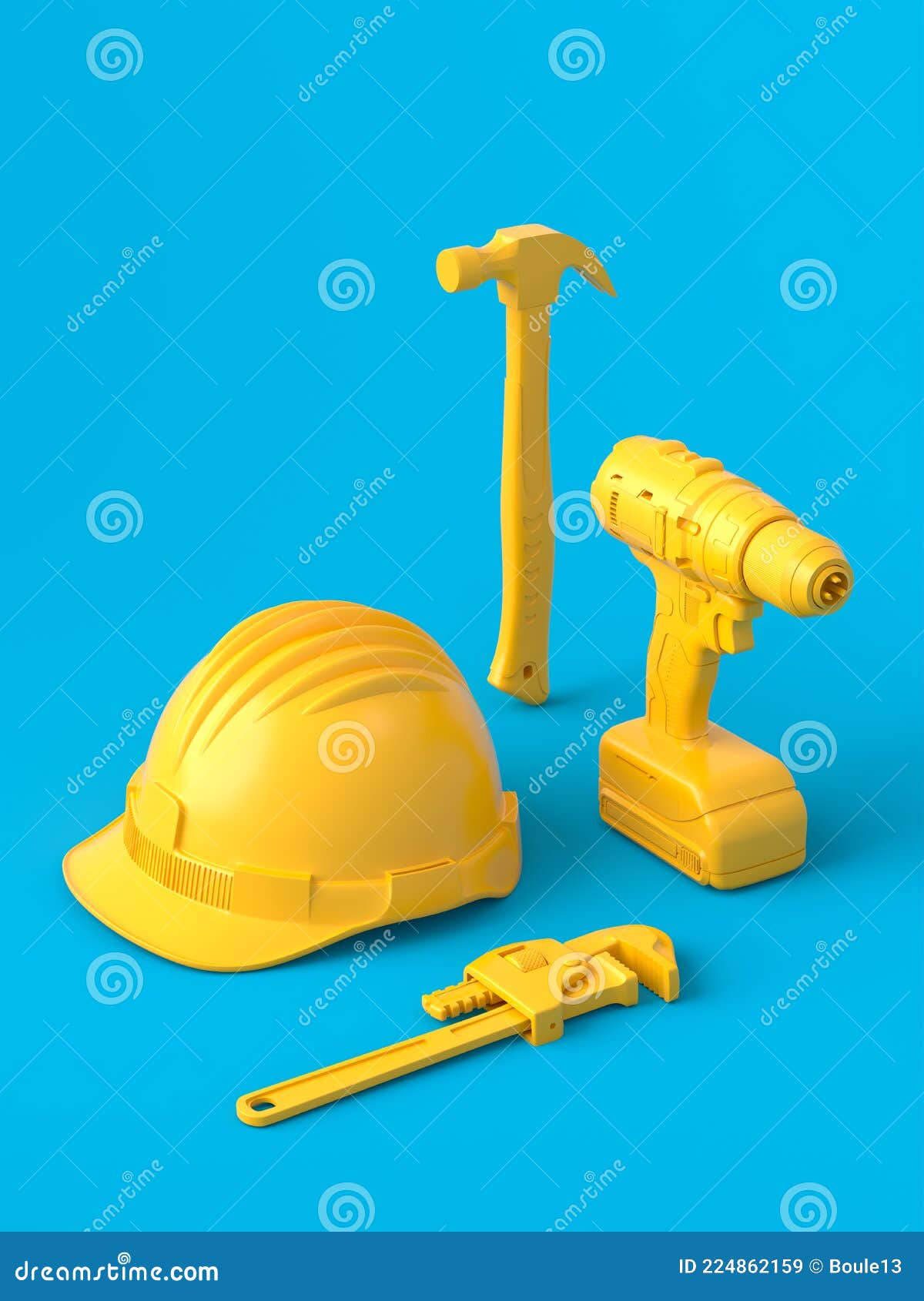 Isometric View of Monochrome Construction Tools for Repair on Blue and ...