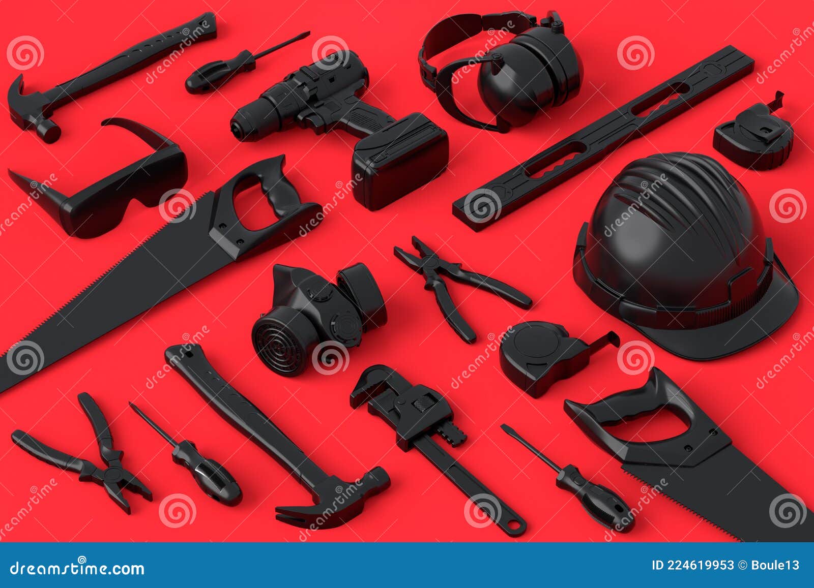 Isometric View of Monochrome Construction Tools for Repair on Red and ...
