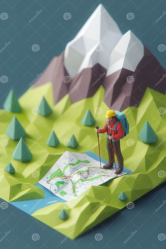 Isometric View of a Mountain Guide with Hiking Sticks and Map. Stock ...