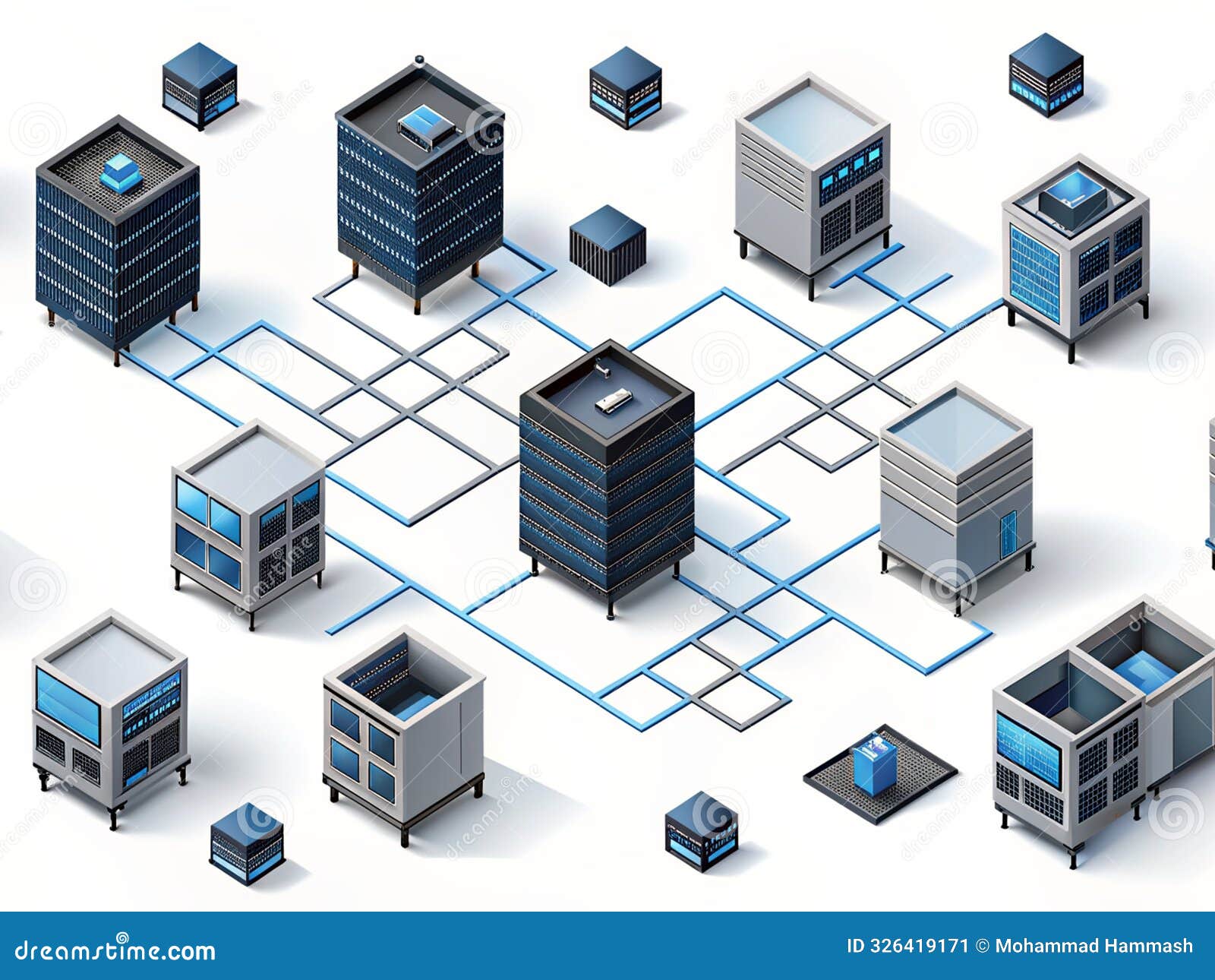 Isometric View of a Network of Buildings with Blue Connecting Lines ...