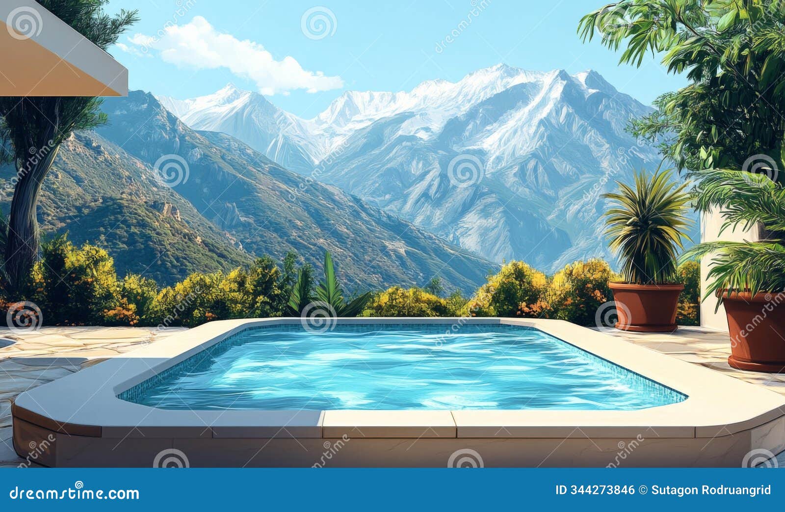 Isometric View of an Outdoor Spa Pool with Mountains in the Background ...