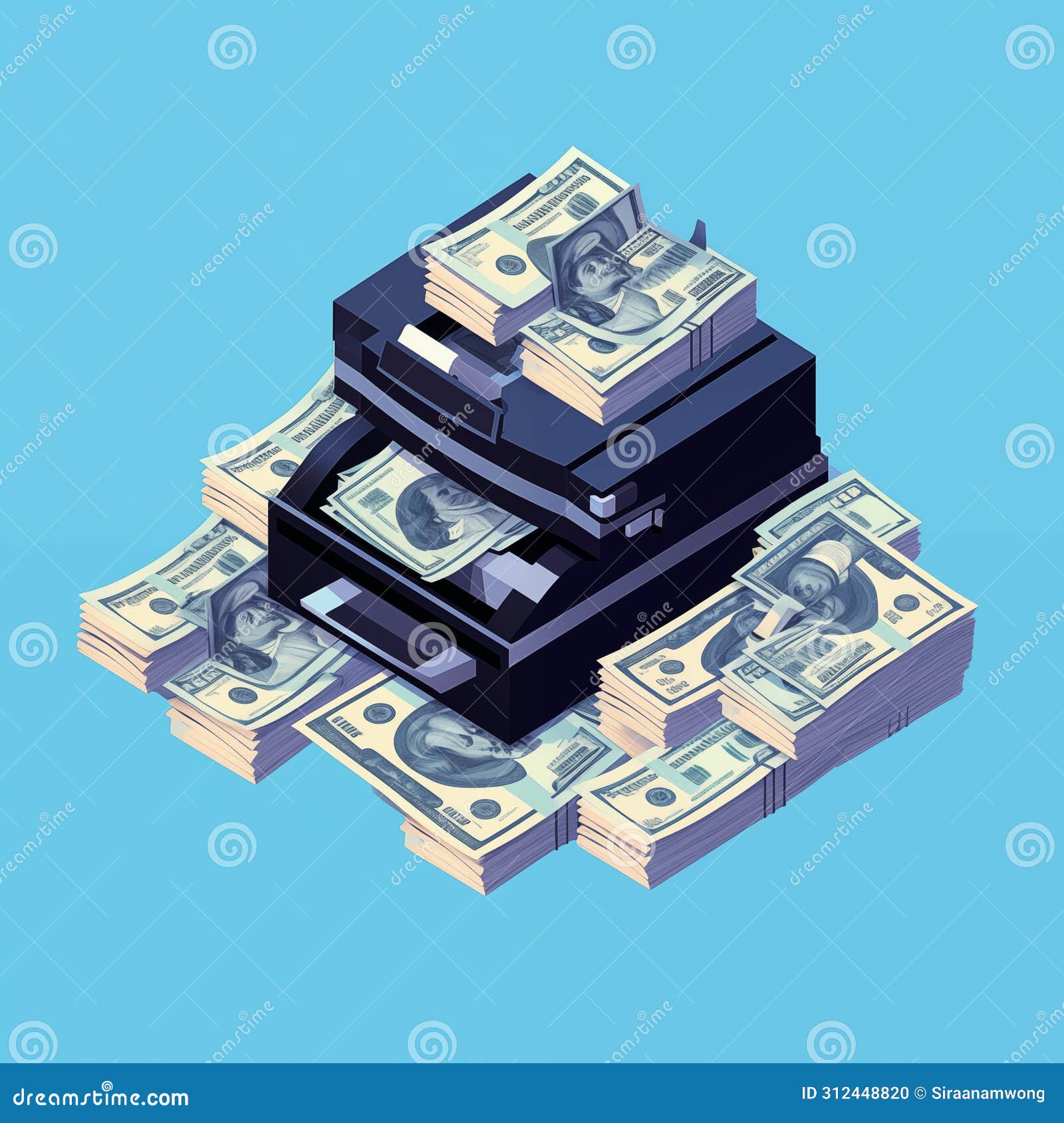 Isometric View of Printer Printing Money Banknotes. QE Policy Concept ...