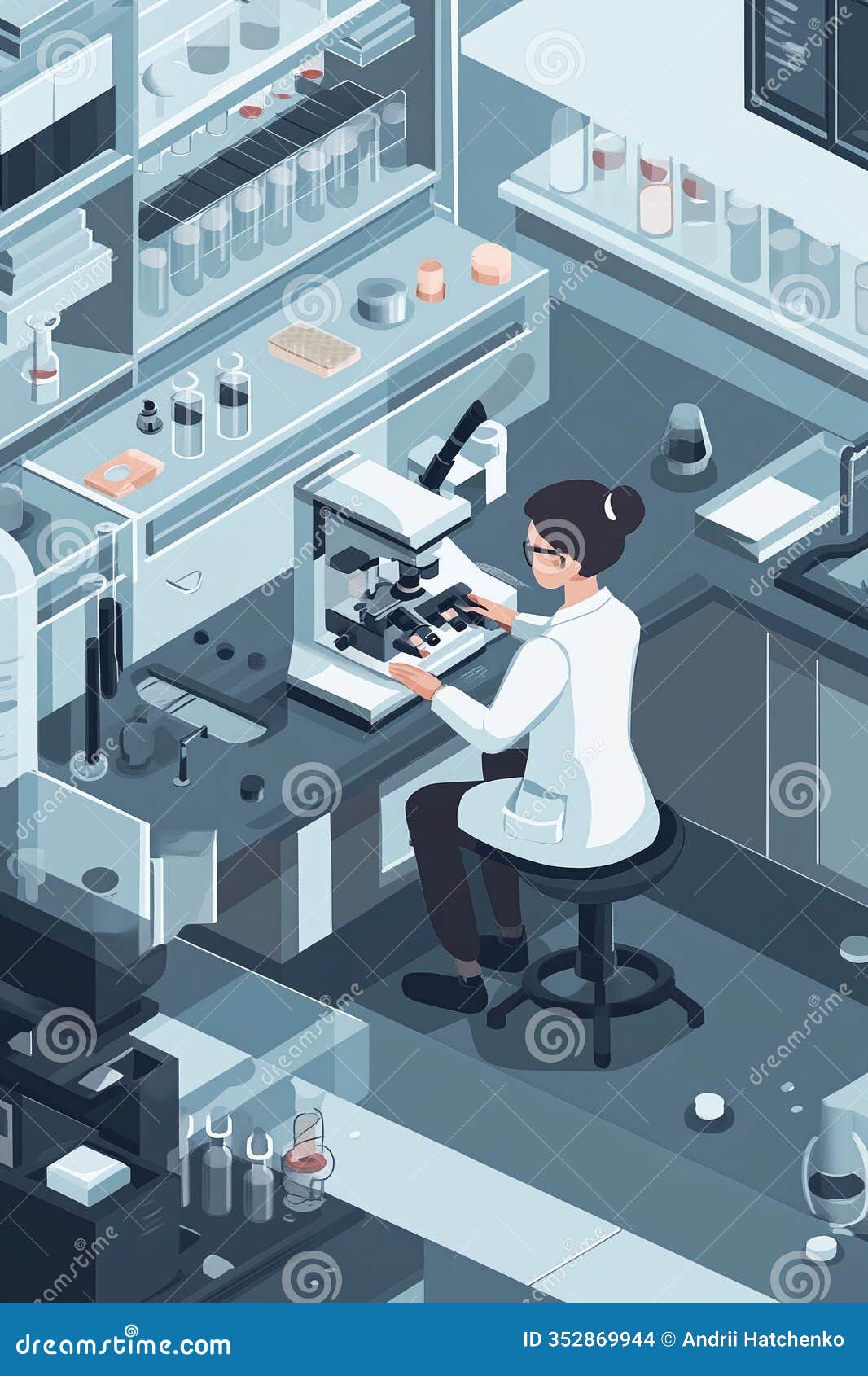 Isometric View of a Scientist Observing a Specimen Under a Microscope ...
