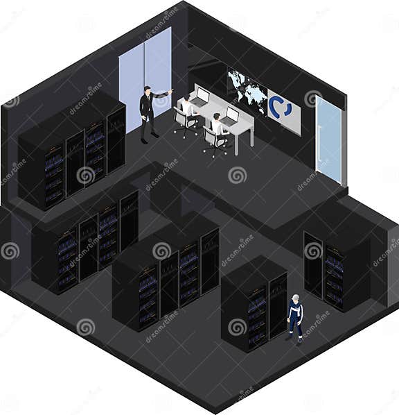 Isometric View of a Small Server Room and Control Room,Data Center with ...
