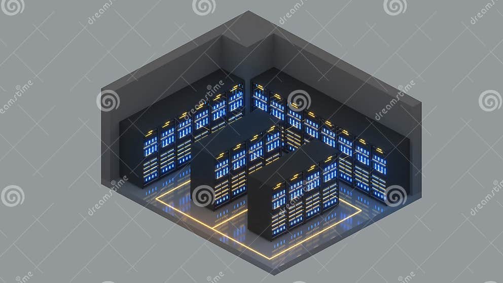 Isometric View of a Small Size Server Room,Data Center with Multiple Rows of Fully Operational ...