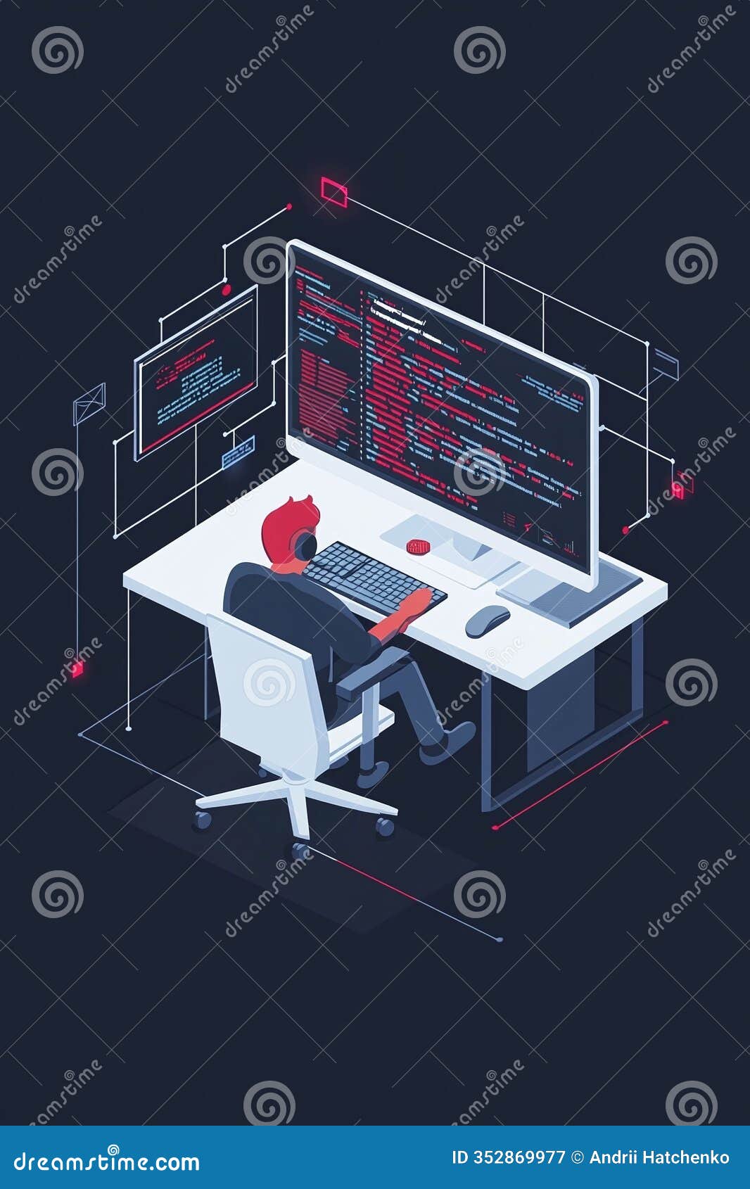 Isometric View of a Software Developer Coding on a Futuristic Workstation. Stock Illustration ...