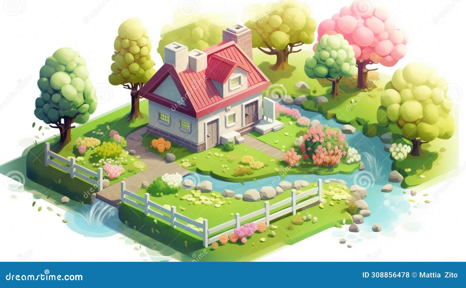 Isometric View of a Spring Village Stock Photo - Image of natural ...
