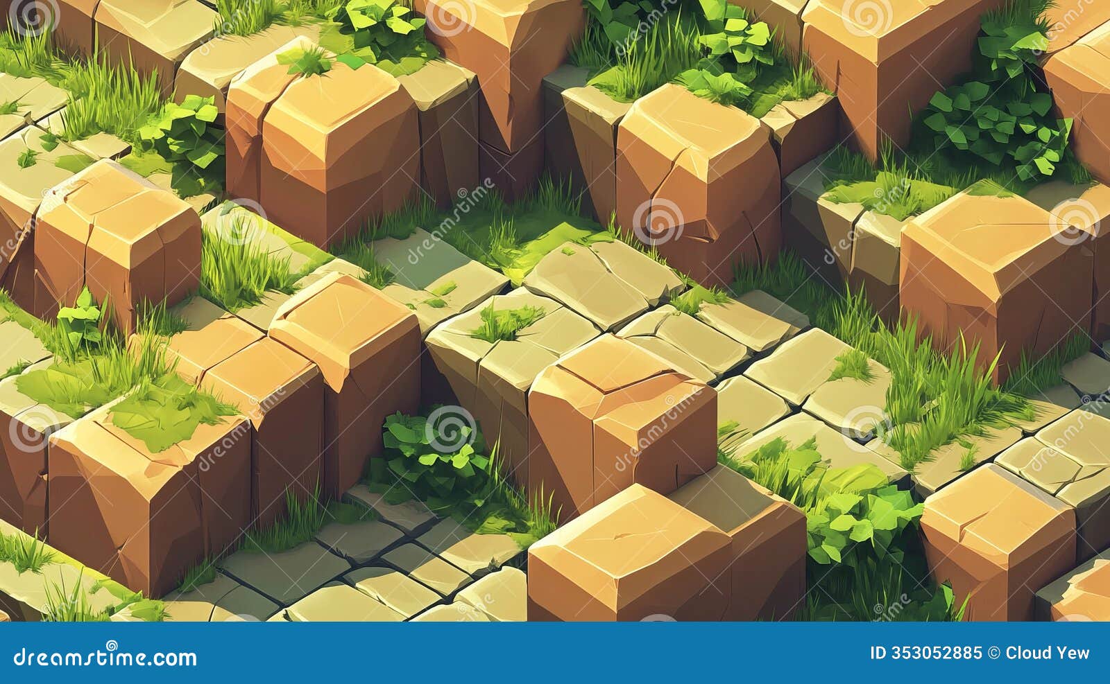 Isometric View of Stylized Stone Pathway with Lush Greenery and ...