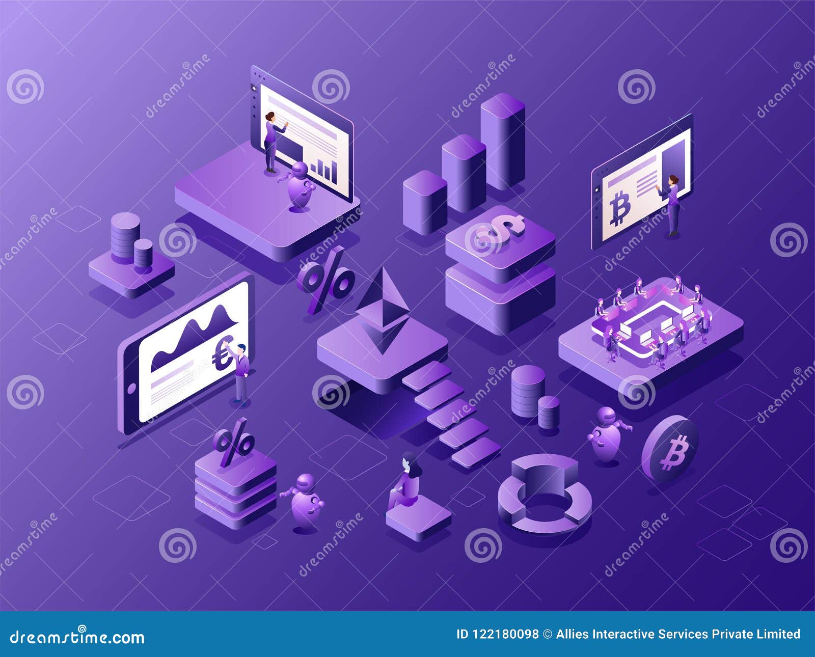 Isometric View of Virtual To Real Money Exchange Platform with 3 Stock ...
