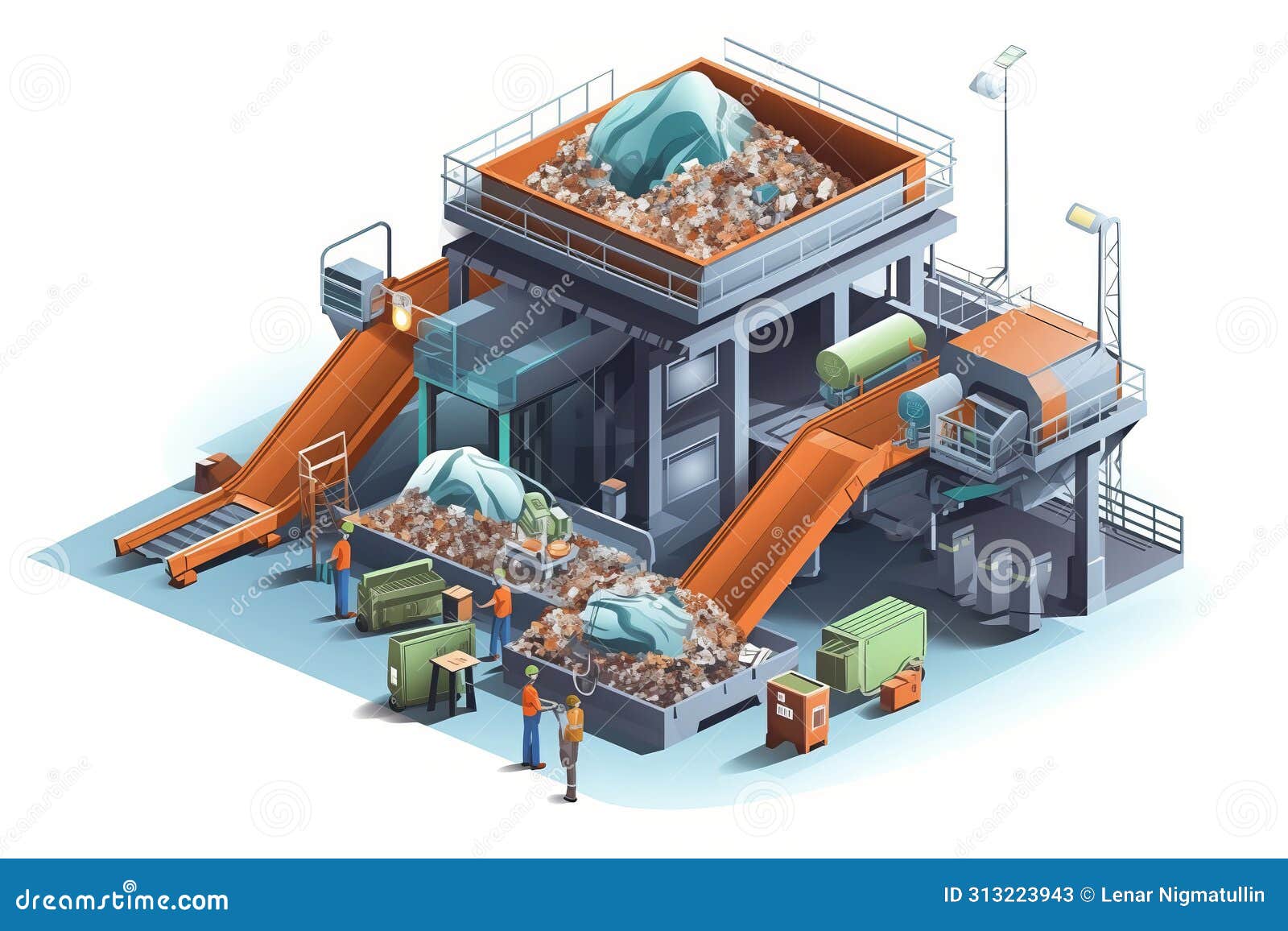 Isometric View of a Waste Management Facility with Sorting Conveyor ...
